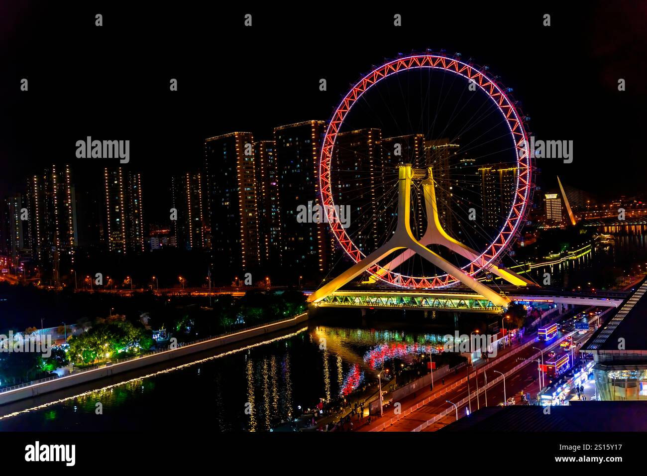 Colorful Large Ferris Wheel Over Yongle Bridge Hai River Water ...