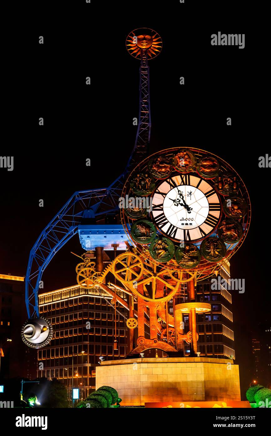 Colorful Century Clock Next to Tianjin Railway Station Night ...