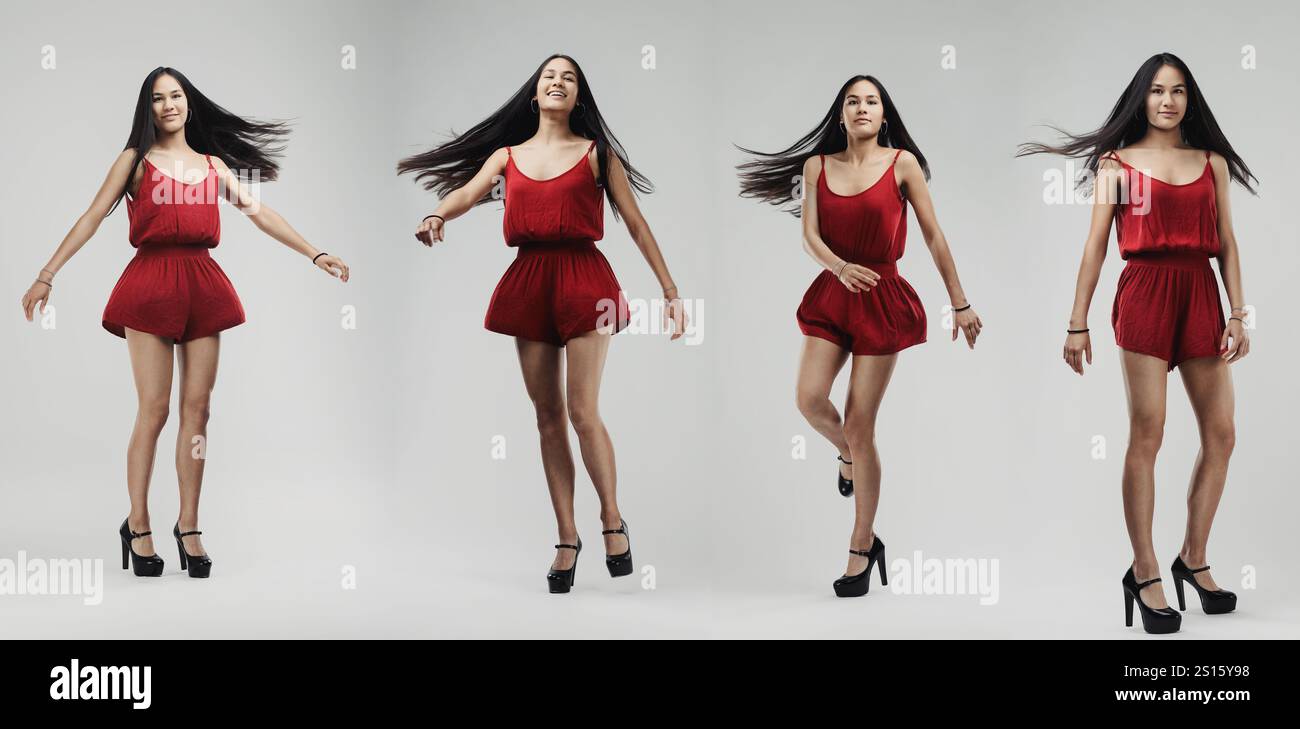 Sequence of photos showing a young filipino woman in a red dress and ...