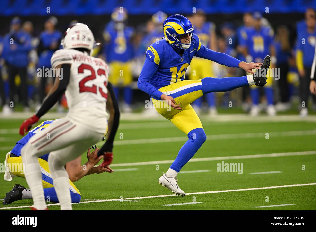 Los Angeles Rams kicker Joshua Karty (16) kicks a field goal against ...