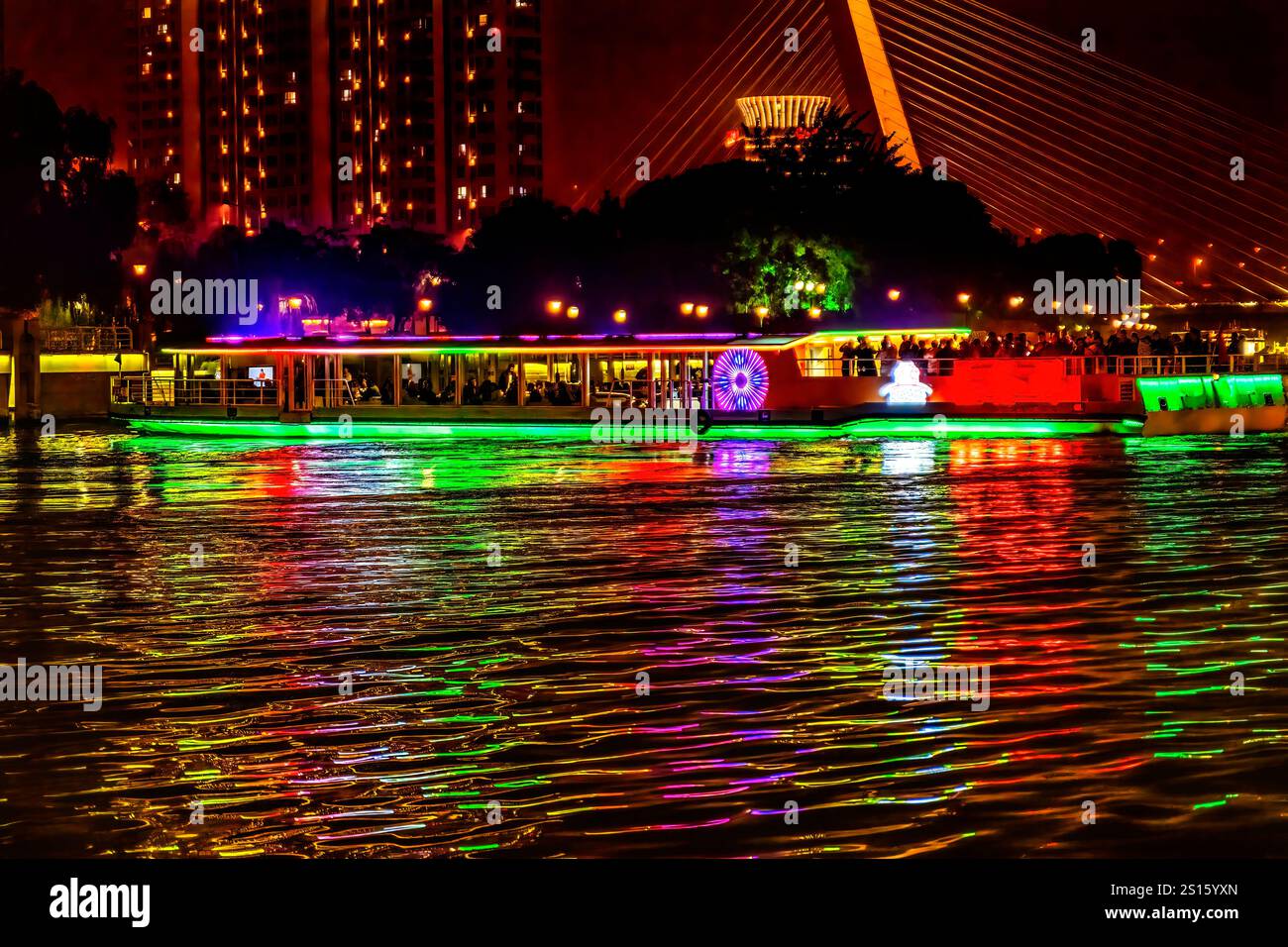 Colorful Tourist Boat Night Illuminated Bridge Hai River Water ...