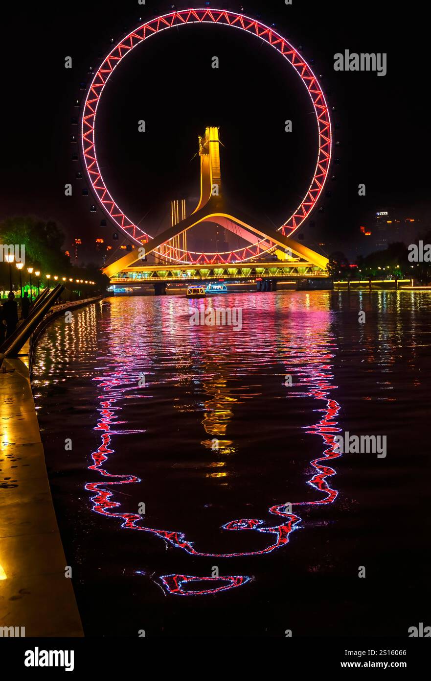 Colorful Large Ferris Wheel Reflection Over Yongle Bridge Hai River ...