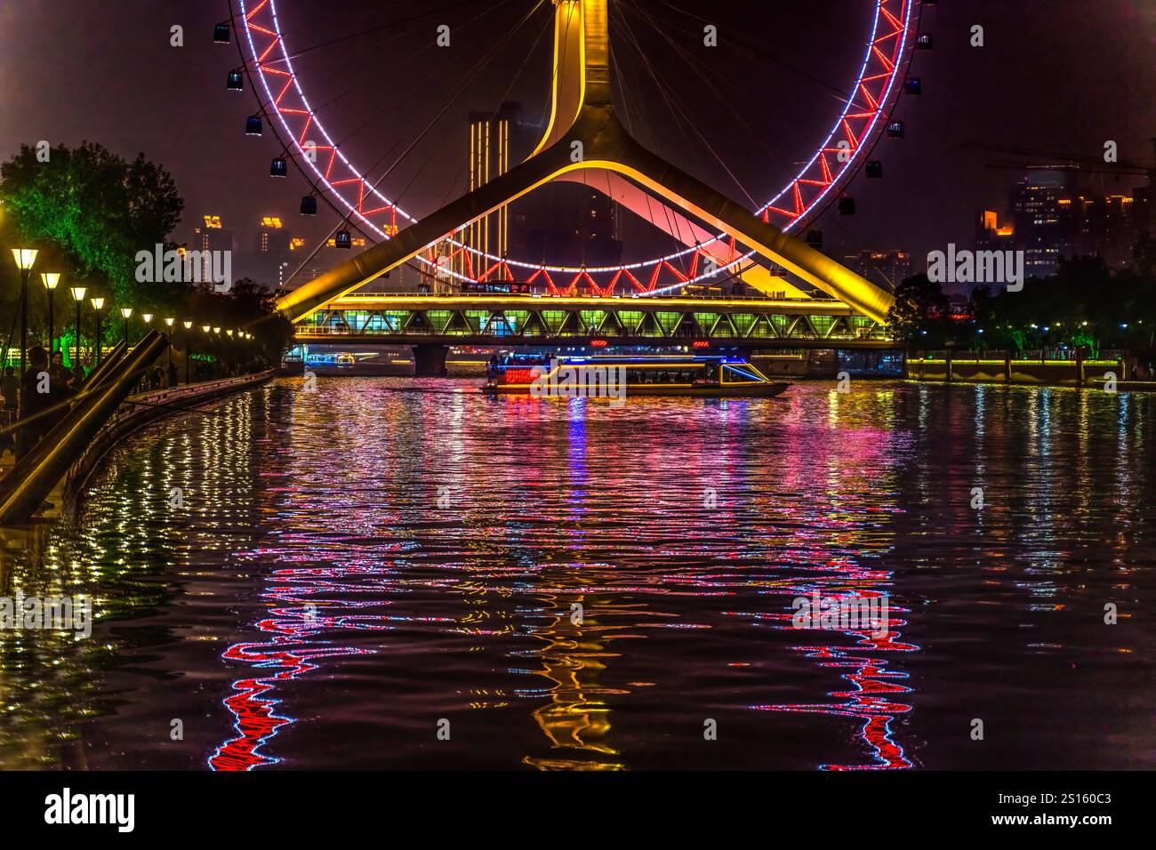 Colorful Ferris Wheel Tourist Boats Night Illuminated Bridge Hai River ...