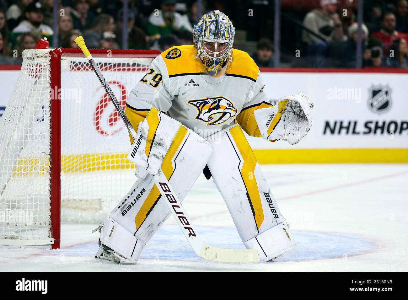 Nashville Predators goaltender Justus Annunen defends his net during ...