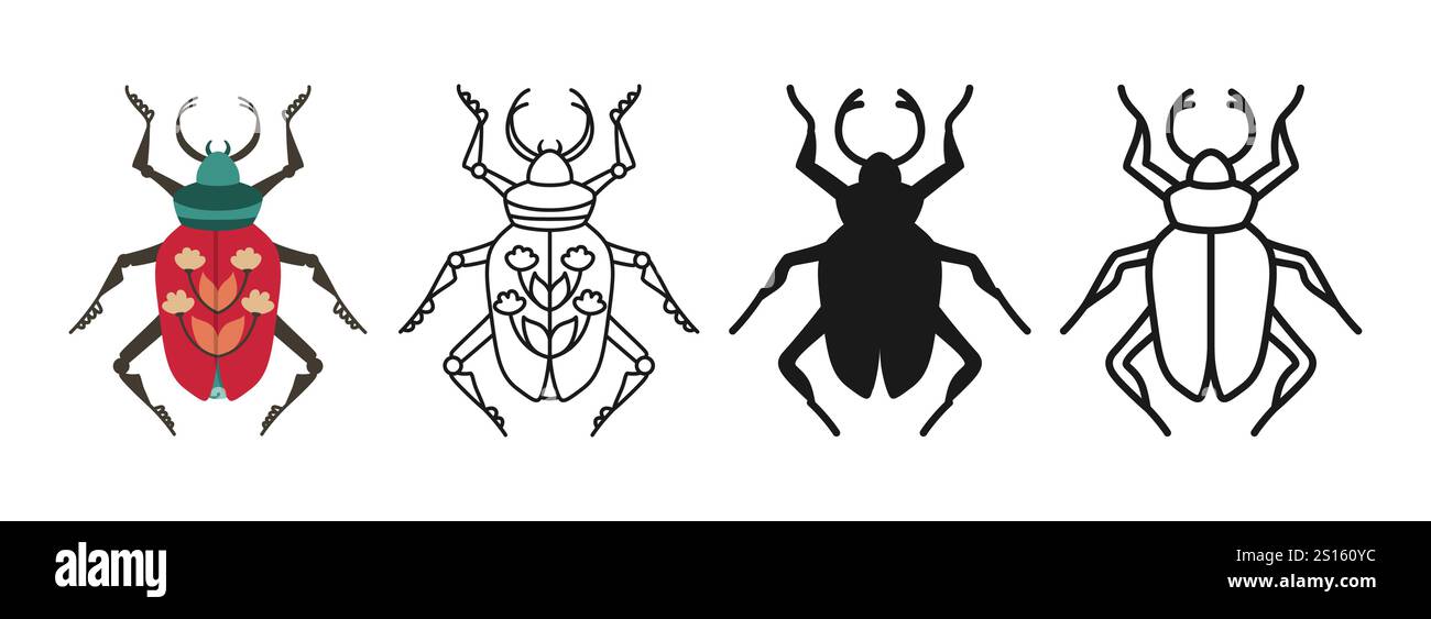 Beetles symbols cartoon set. Abstract bugs linear doodle icon. Stylized ...
