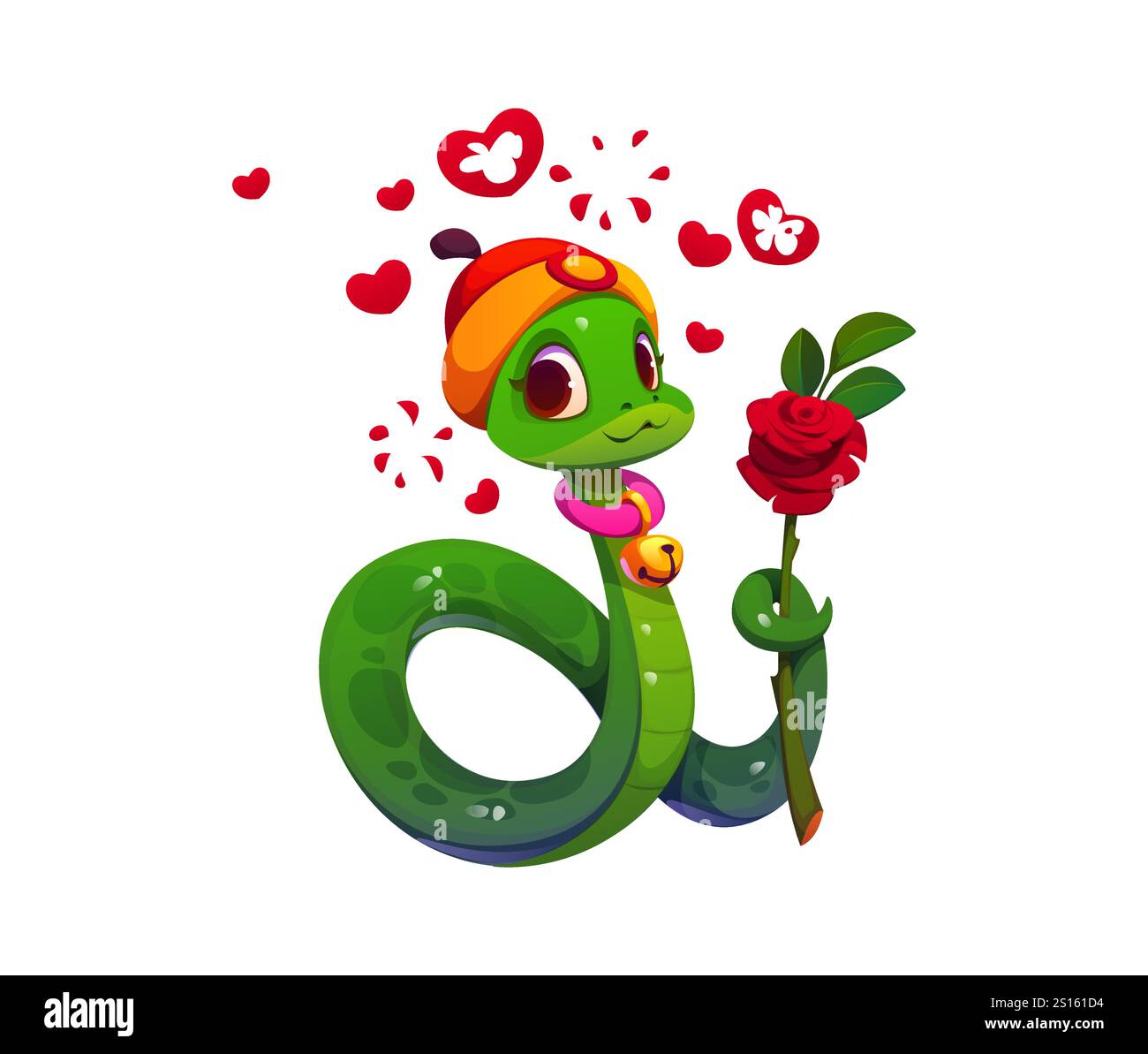 Valentine day cartoon snake character with love hearts. Vector cute ...