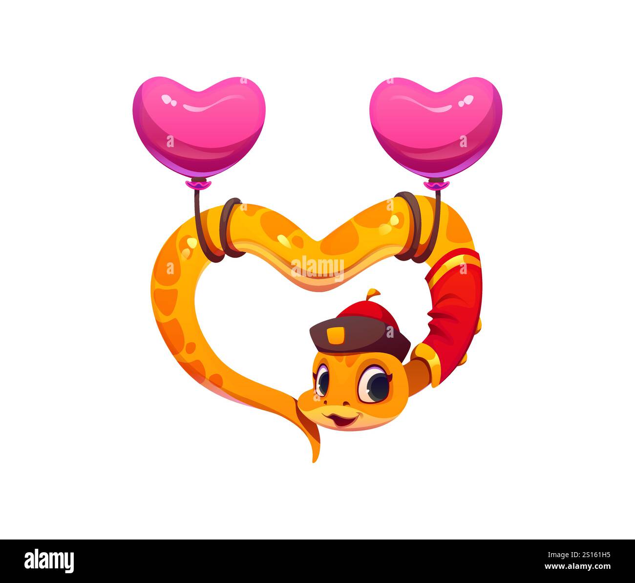 Valentine day cartoon snake character shaped like a heart, flying with ...