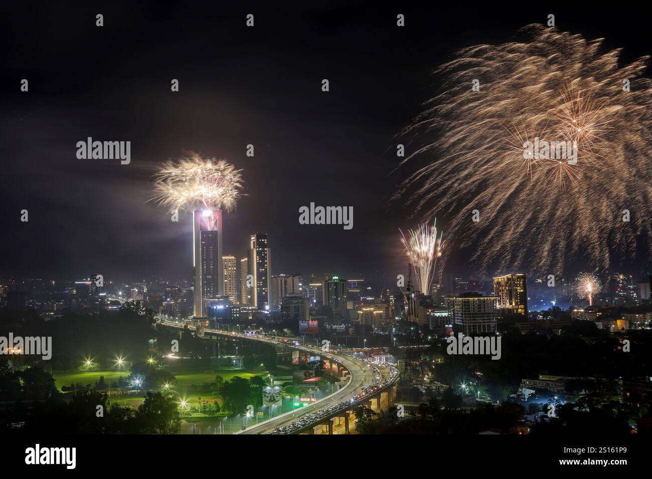 Nairobi, Kenya. 01st Jan, 2025. Fireworks illuminate the sky over GTC ...