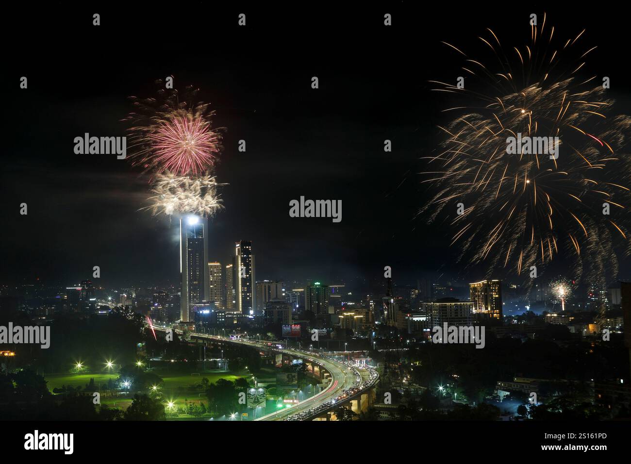 Nairobi, Kenya. 01st Jan, 2025. Fireworks illuminate the sky over GTC ...