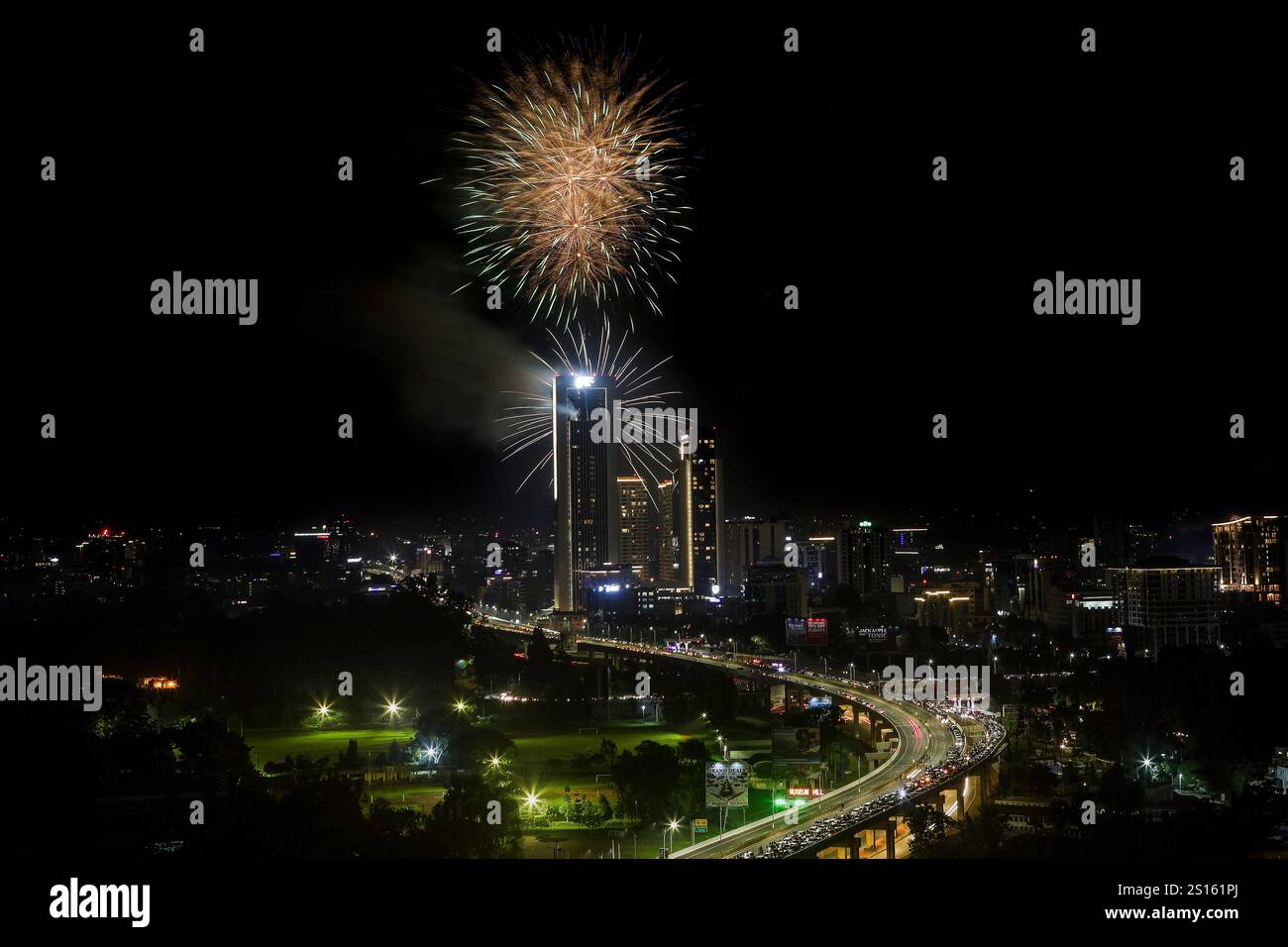 Nairobi, Kenya. 01st Jan, 2025. Fireworks illuminate the sky over GTC ...