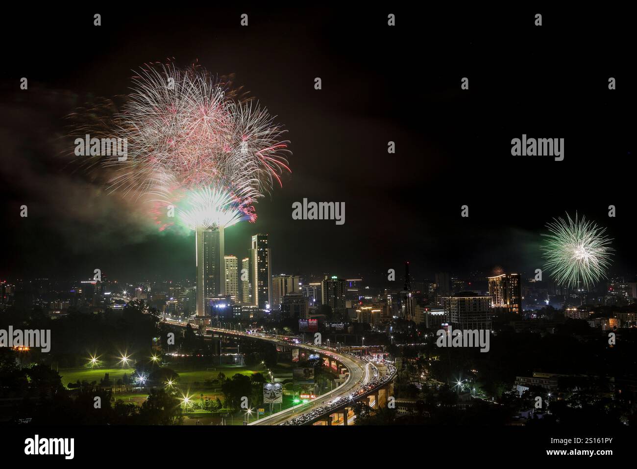 Nairobi, Kenya. 01st Jan, 2025. Fireworks illuminate the sky over GTC ...