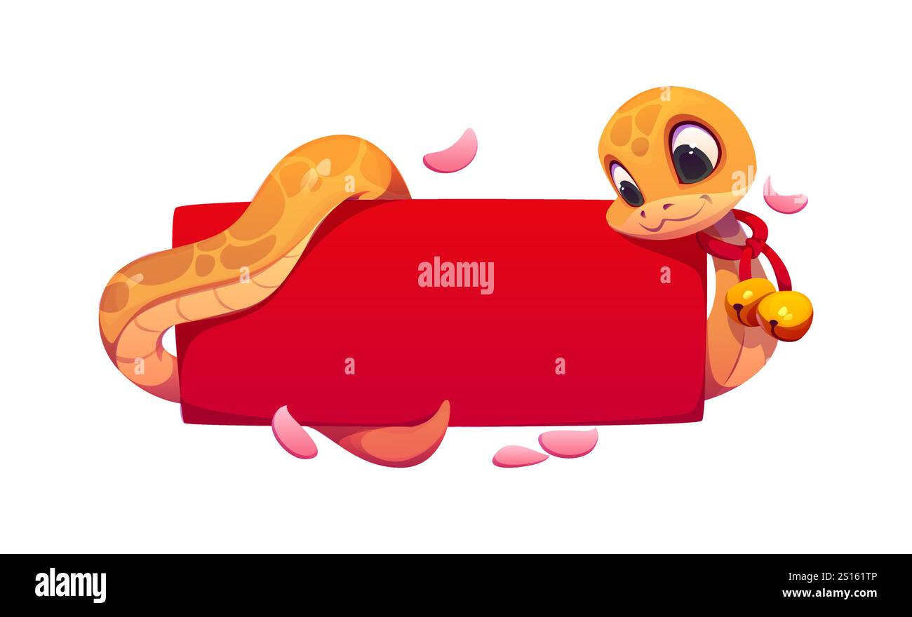 Cute cartoon snake adorned with golden bells, coiled around a red ...