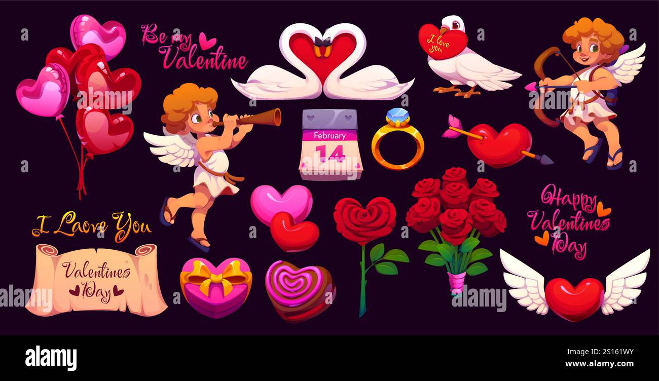 Valentine day cherubs, angels and love symbols with hearts for wedding ...