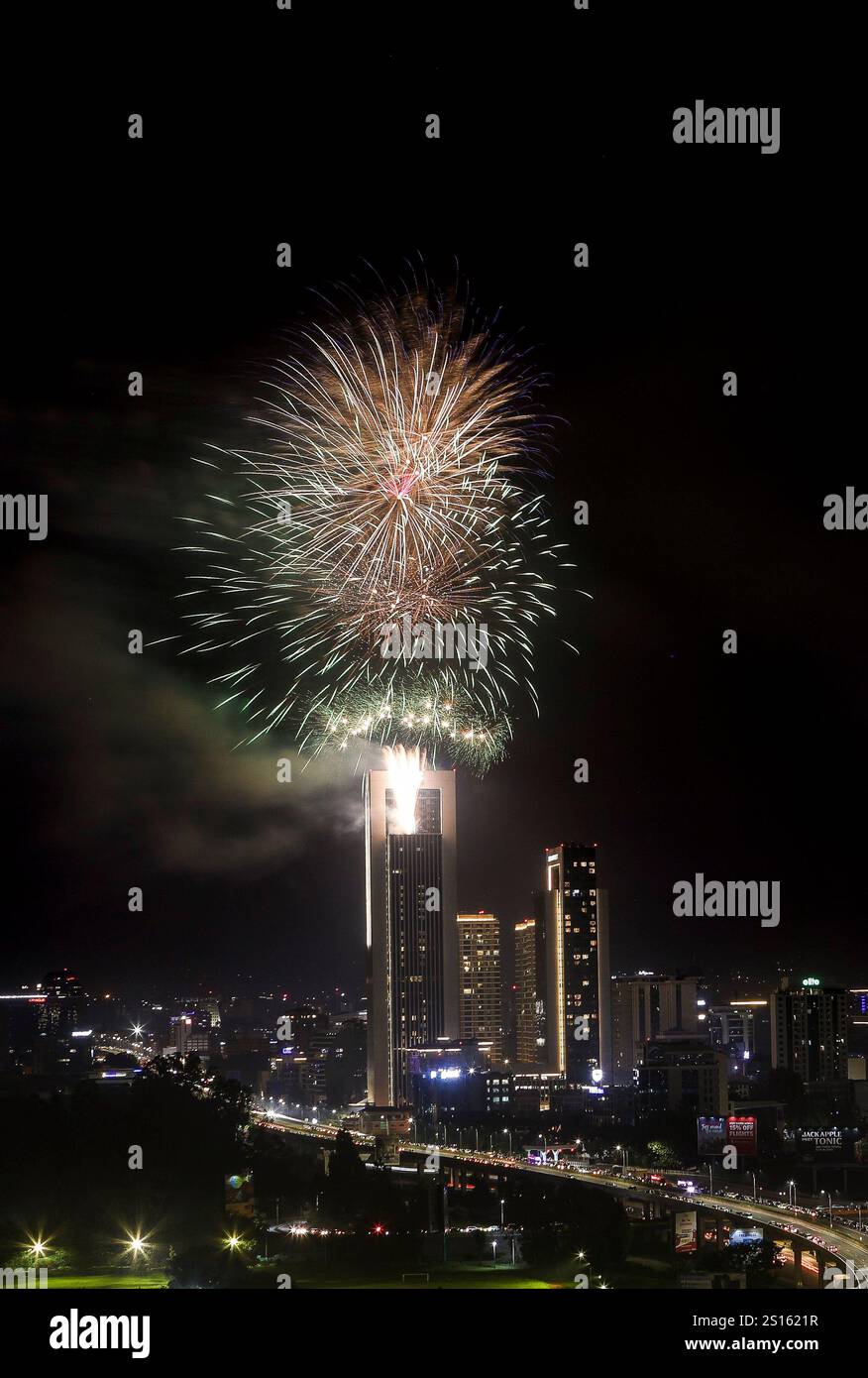 Nairobi, Kenya. 01st Jan, 2025. Fireworks illuminate the sky over GTC ...