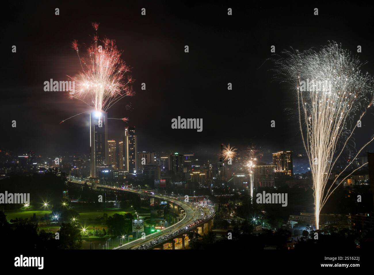 Nairobi, Kenya. 01st Jan, 2025. Fireworks illuminate the sky over GTC ...