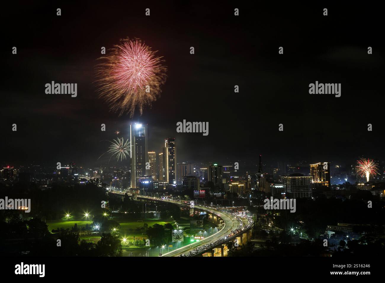Nairobi, Kenya. 01st Jan, 2025. Fireworks illuminate the sky over GTC ...
