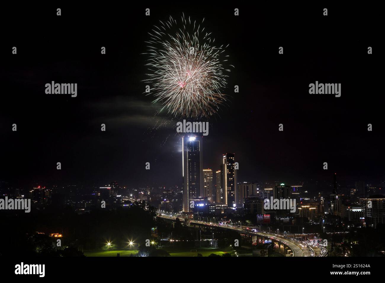 Nairobi, Kenya. 01st Jan, 2025. Fireworks illuminate the sky over GTC ...