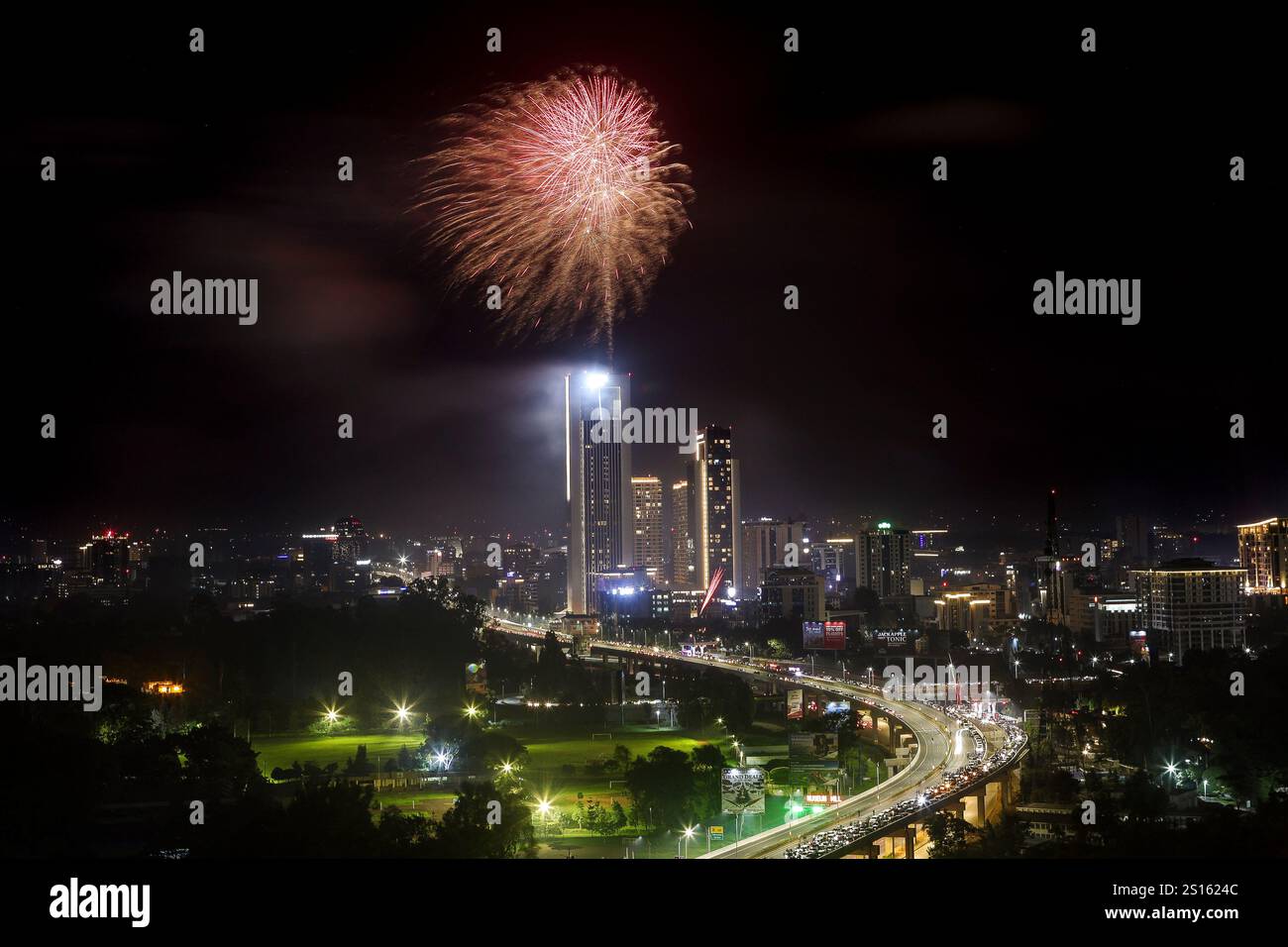 Nairobi, Kenya. 01st Jan, 2025. Fireworks illuminate the sky over GTC ...