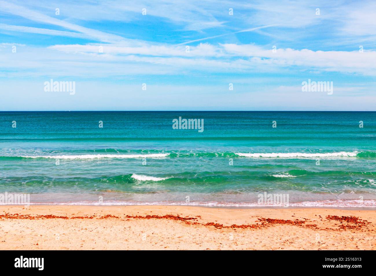 Beach on Alcudia Bay in Mallorca. Serene beach scene with clear blue ...