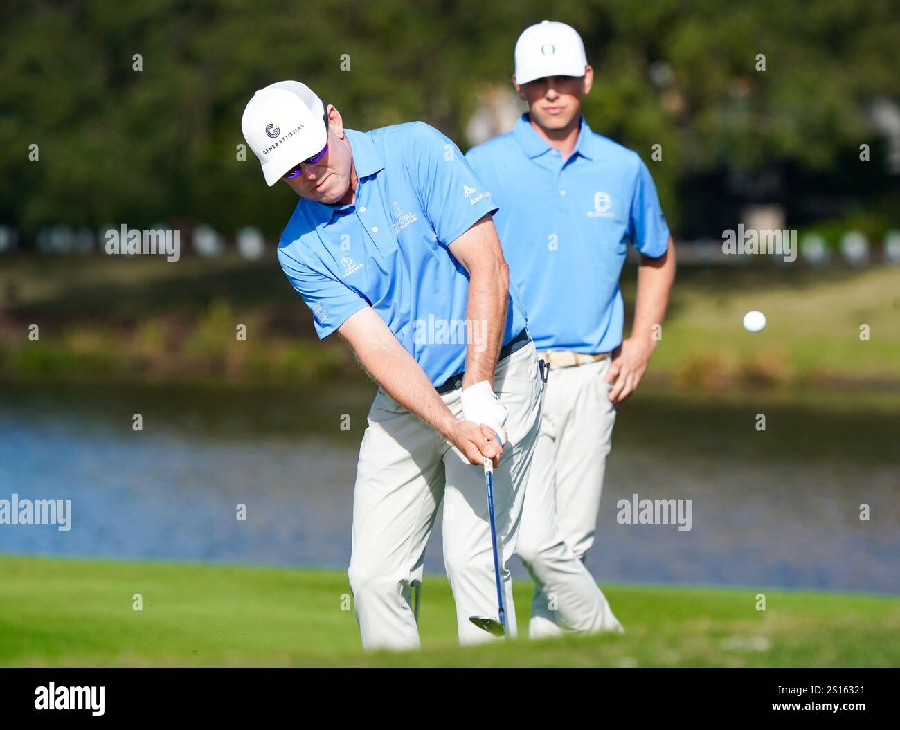 Orlando, Florida, USA. 22nd Dec, 2024. Justin Leonard chips on to the ...