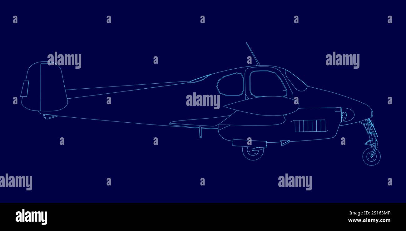 Blue airplane is shown in a blue drawing. The airplane is a small ...