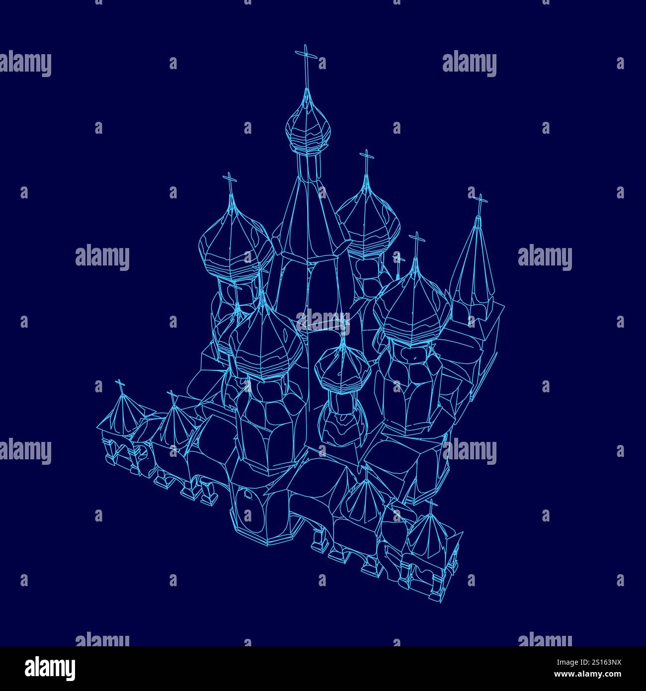 Blue drawing of a castle with a cross on top. The castle is very tall ...