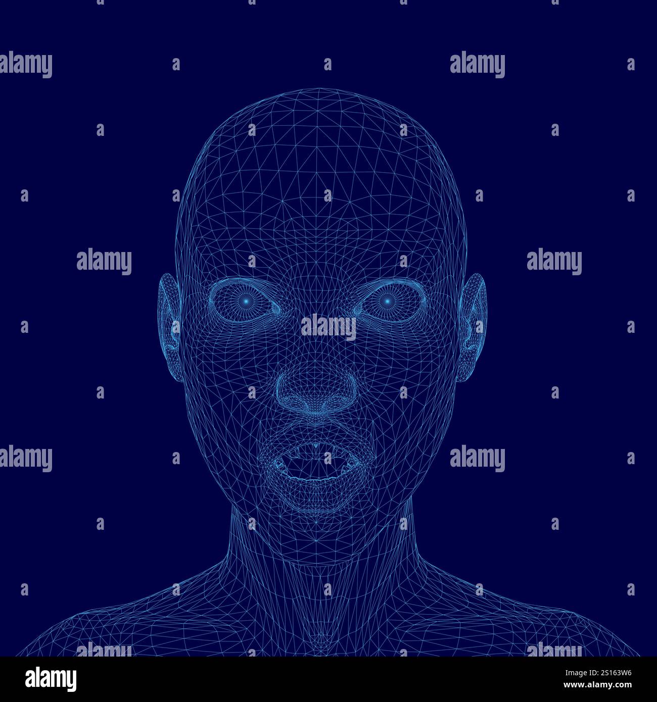 Woman's face is shown in a blue color. The face is made up of many ...