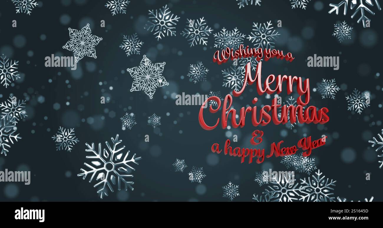 Image of christmas greetings text over snow falling on grey background ...