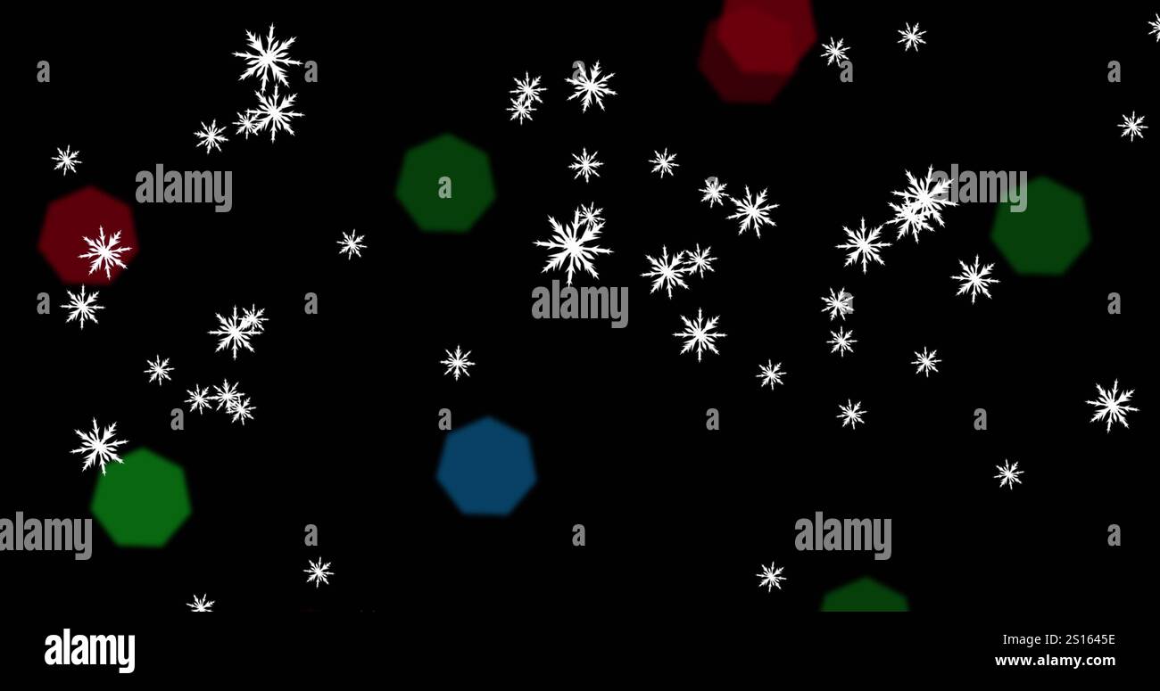 Image of snow falling and christmas fairy lights flickering over black ...