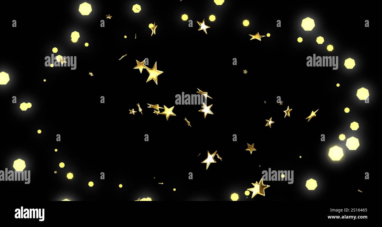 Image of stars falling and christmas fairy lights flickering over black ...
