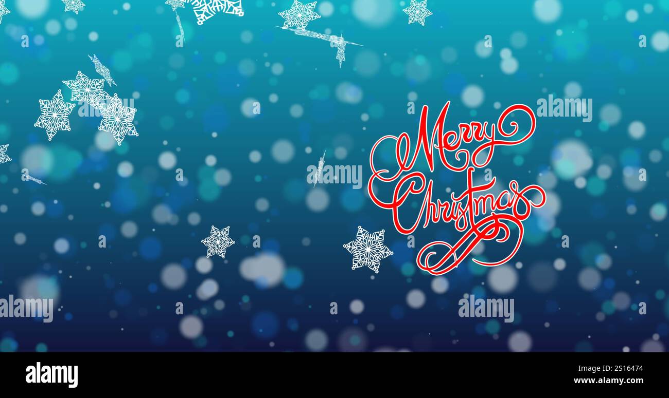 Image of christmas greetings text over snow falling on blue background ...