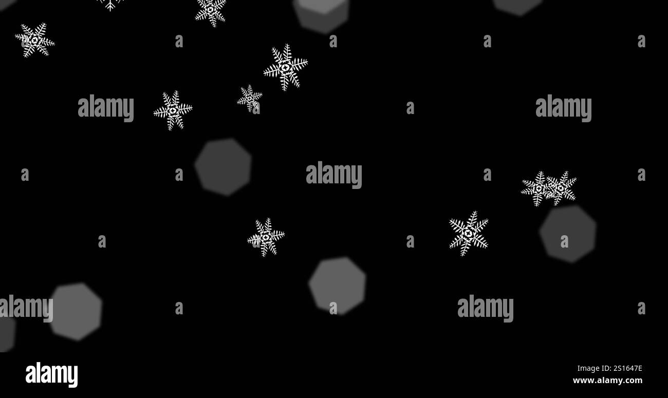 Image of snow falling and christmas fairy lights flickering over black ...