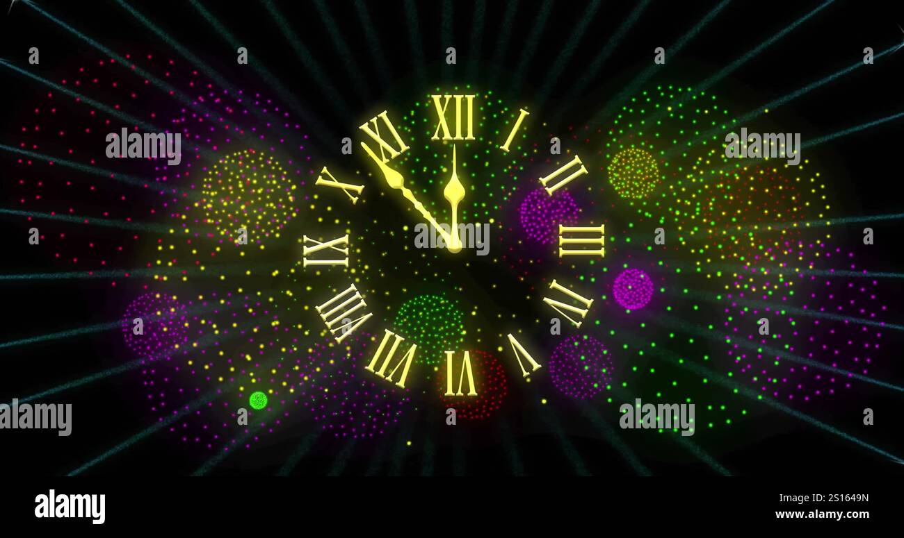 Image of clock showing midnight and fireworks exploding on black ...