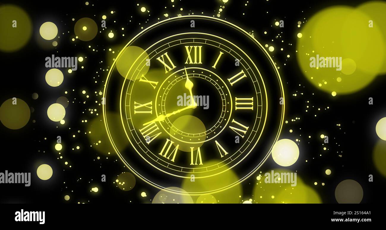 Image of clock showing midnight and spots of light on black background ...