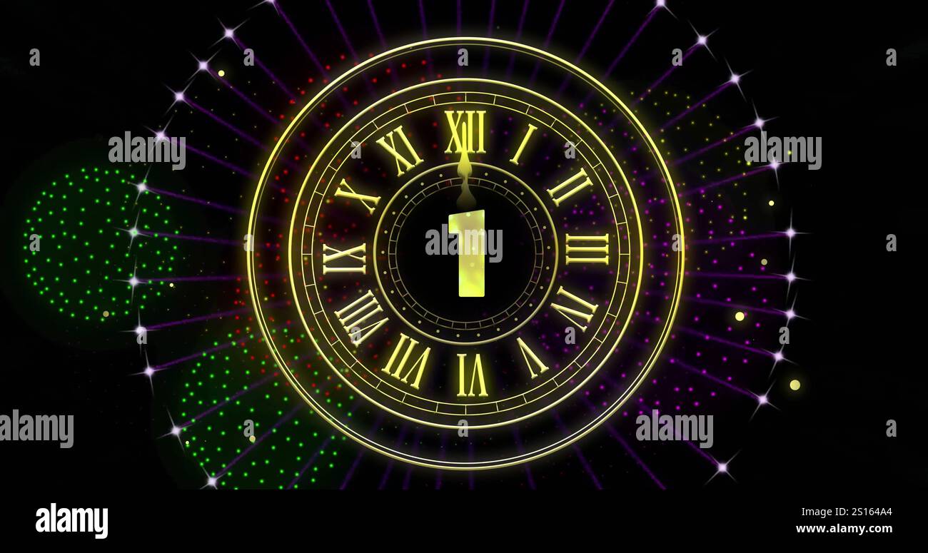 Image of clock showing midnight and fireworks exploding on black ...