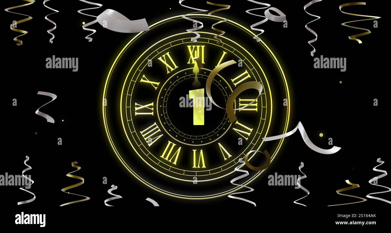 Image of clock showing midnight and party streamers on black background ...