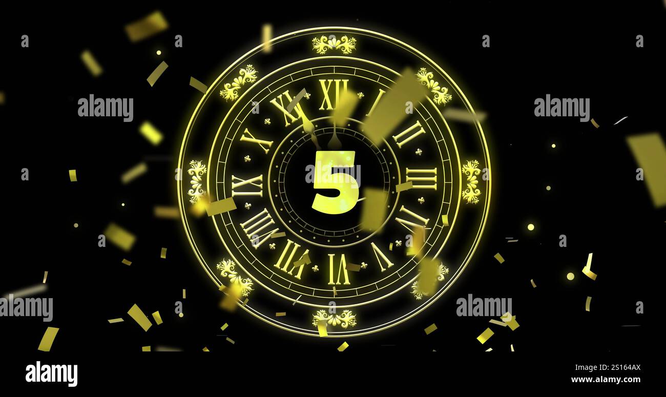 Image of clock showing midnight and fireworks exploding on black ...