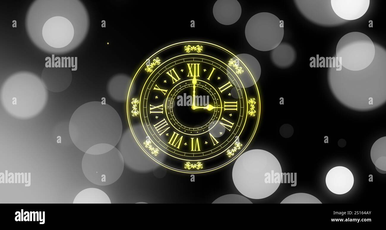Image of clock showing midnight and spots of light on black background ...