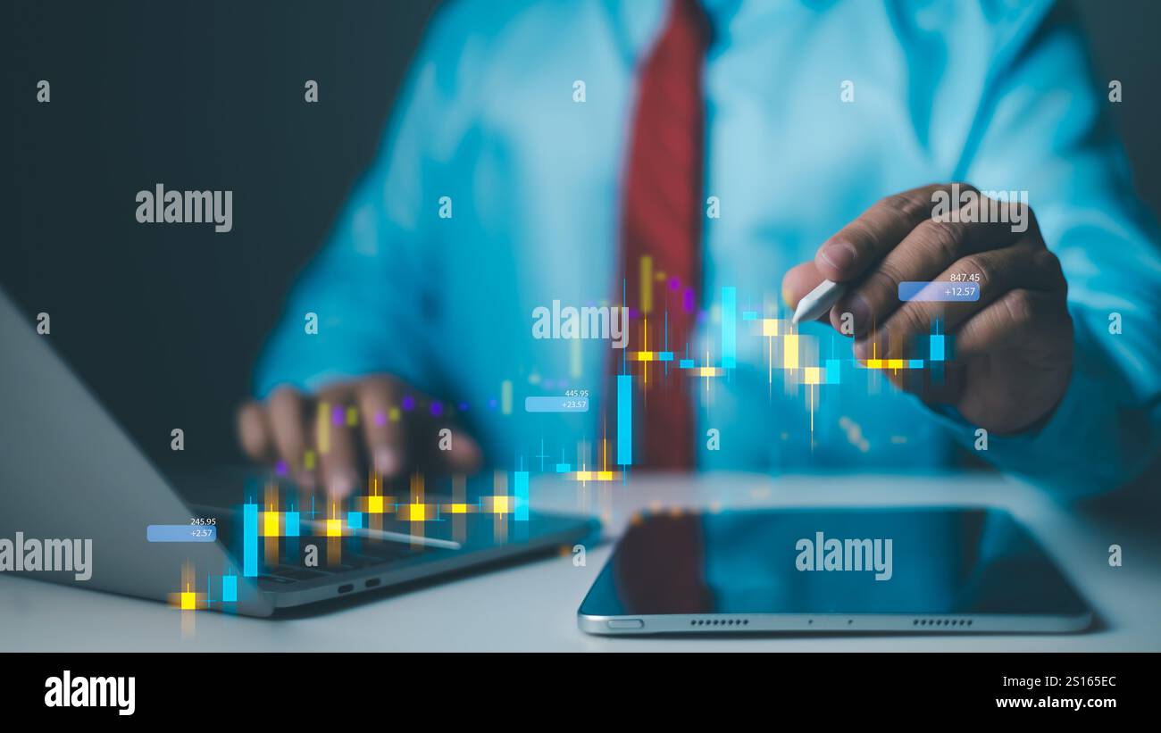 Financial graph analysis on virtual screen, Stock market, Business growth, Progress or success ...