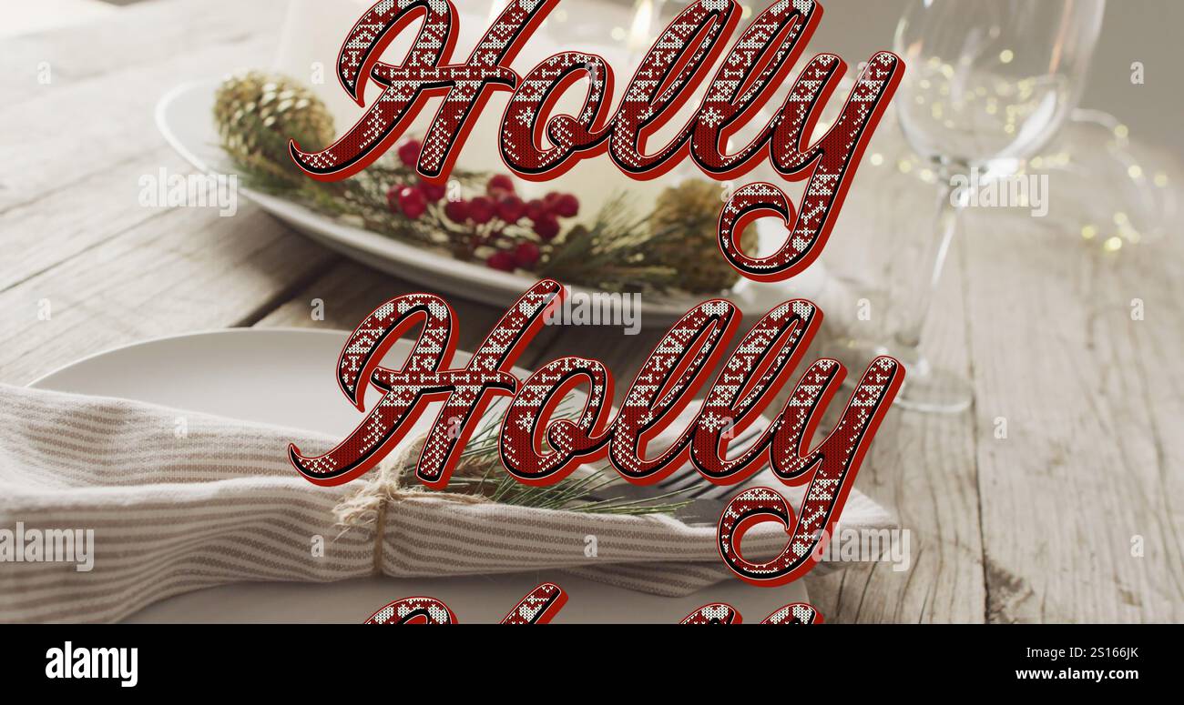 Image of christmas greetings text over christmas table and decorations ...