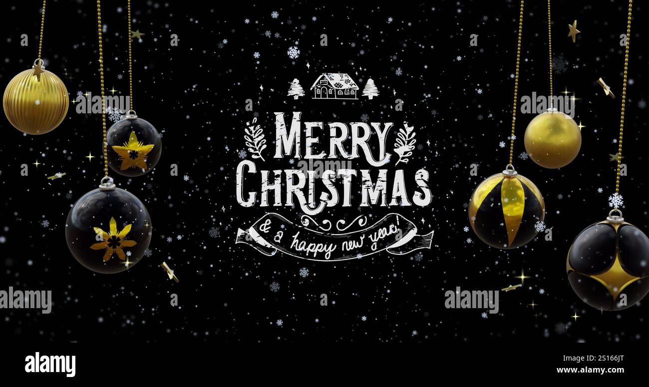Merry christmas and happy new year text with black and gold baubles and ...
