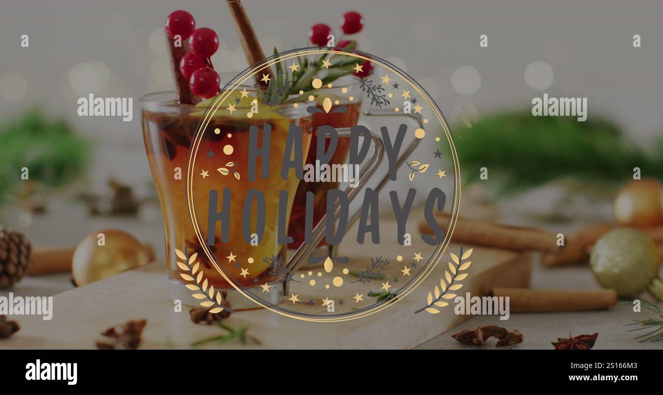 Image of christmas greetings text over christmas decorations Stock ...