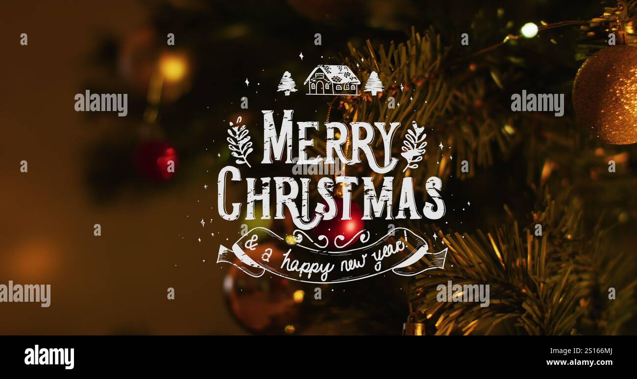 Image of christmas greetings text over christmas tree decorations Stock ...