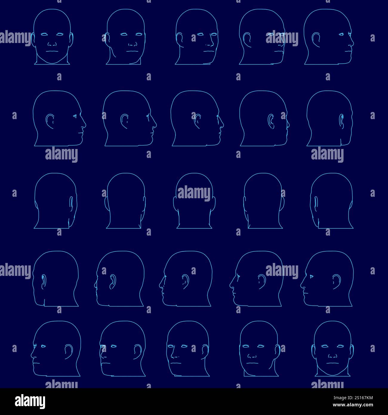 Series of blue drawings of heads. The drawings are all different angles ...