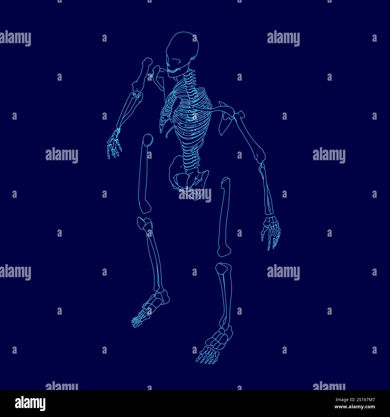 Blue skeleton is depicted in the image, with its arms crossed and head ...