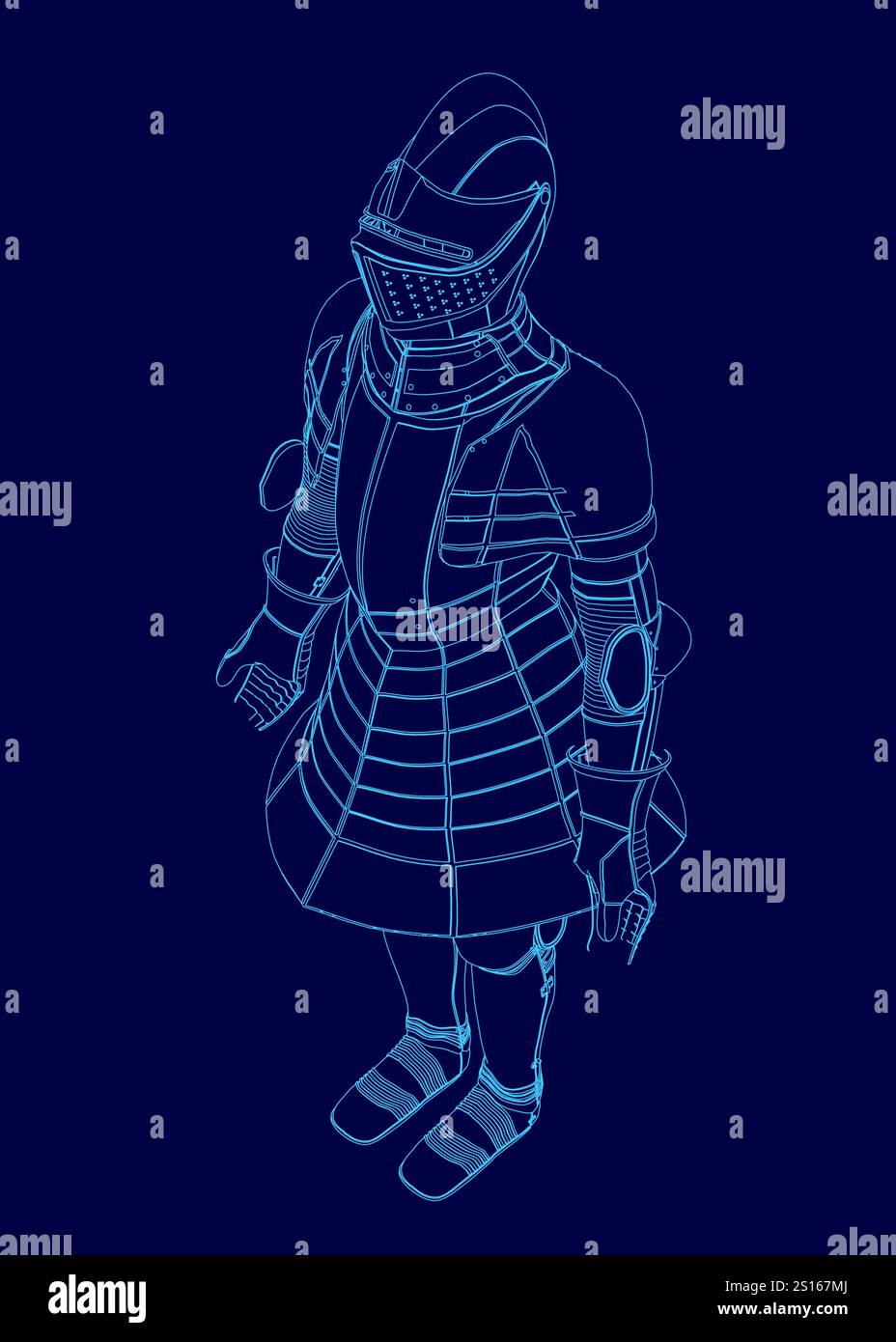 Blue drawing of a knight in full armor. The knight is standing tall and ...