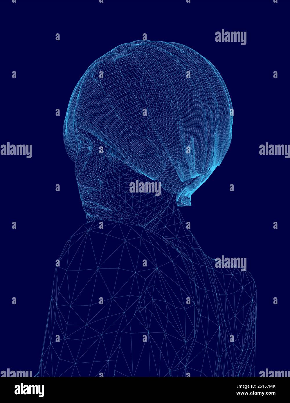 Woman's head is shown in a blue color scheme. The image is a computer ...