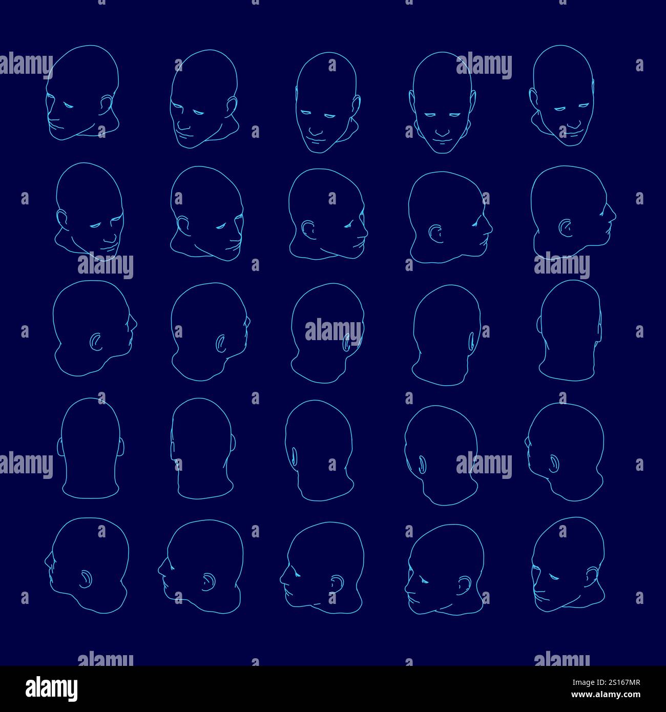 Series of blue images of faces. The faces are all different angles ...