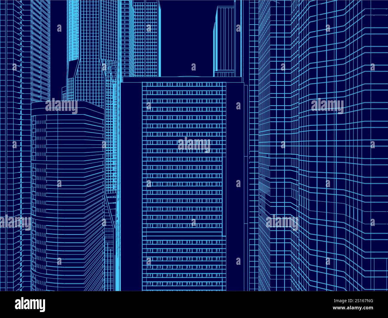 Blue cityscape with tall buildings and a skyline. The buildings are all ...