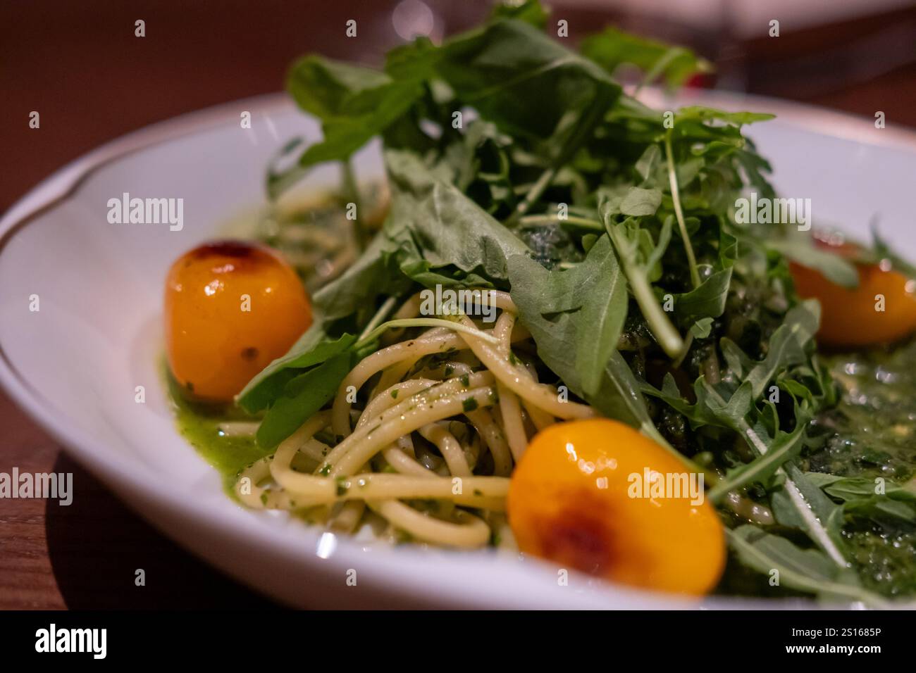 Pesto Spaghetti served on plate in the restaurant Stock Photo - Alamy